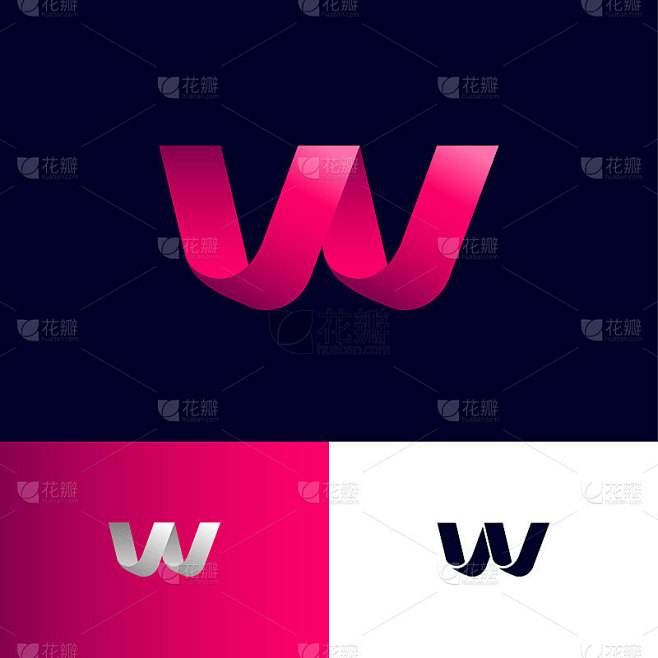W字母组合。W折纸标志。W字母像弯曲的粉色丝带在不同的背景上。