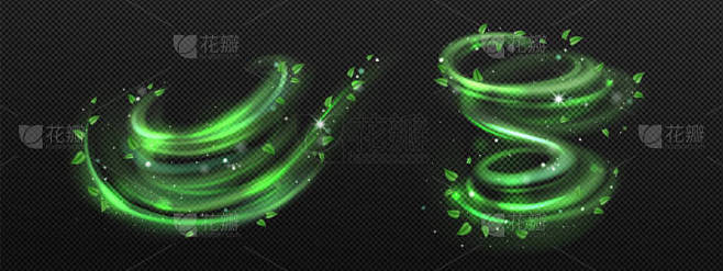 Abstract wind swirls with green leaves and sparkle