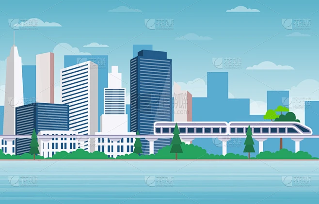 城市,河流,绘画插图,水,现代,城市天际线,著名景点,火车,建筑外部,栏杆素材-花瓣网