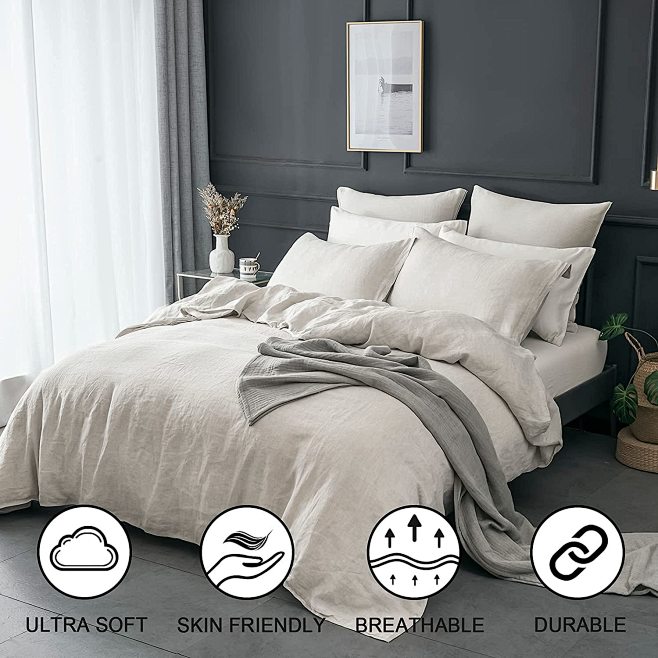 Amazon.com: PHF 100% Linen Duvet Cover Set Queen Size, 3PCS Washed ...