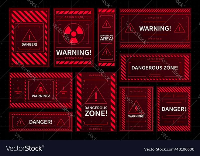 Danger and dangerous zone warning red frames hud vector image on ...
