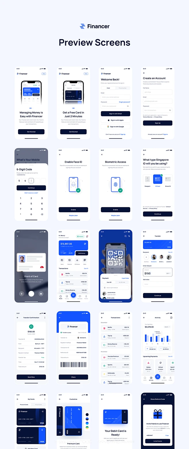 55屏国外第三方支付金融数字钱包app用户界面设计ui套件模板模-花瓣网