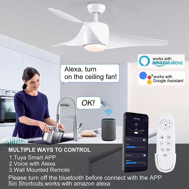 SNJ Smart Ceiling Fans with Lights and Remote, 52" White Ceiling Fan ...