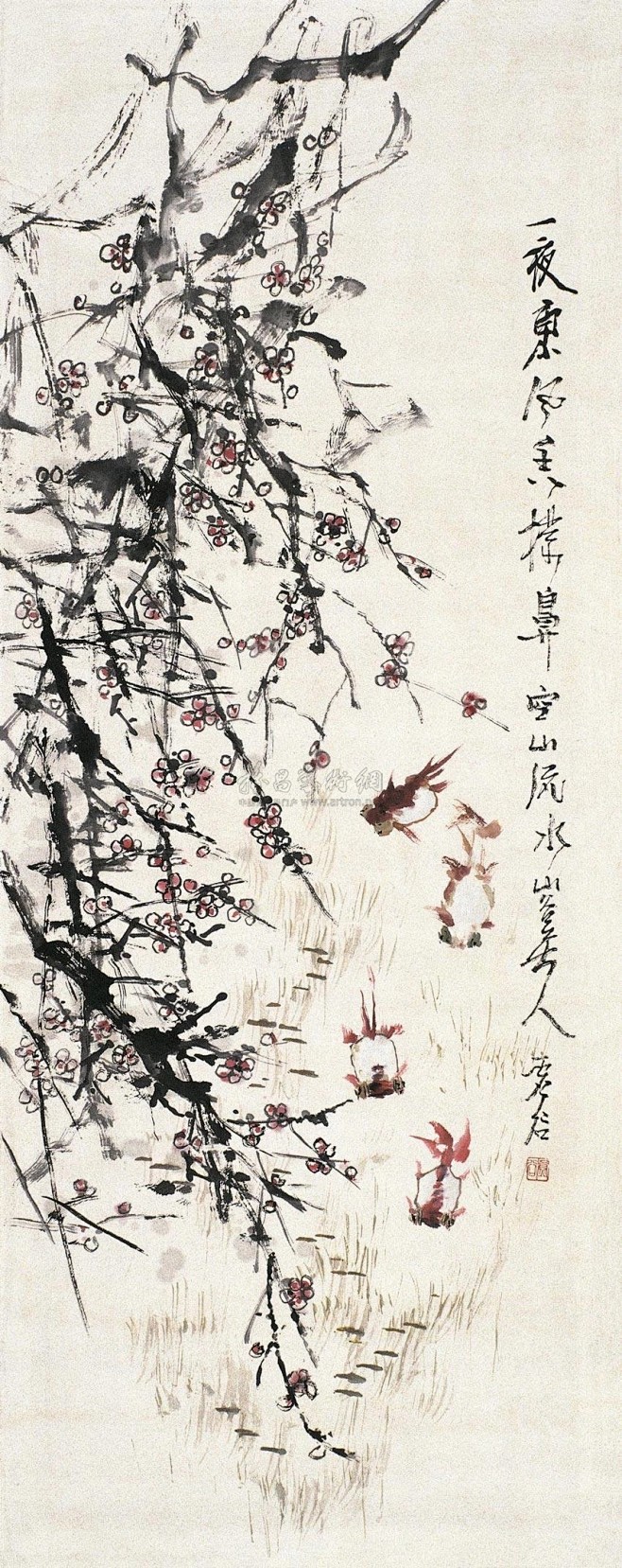 虚谷——[传]《一夜春风得扑鼻》梅花金鱼 花卉游鱼 立轴欣赏 | 清|虚谷(1823~1896)俗姓朱名怀仁，僧名虚白，字虚谷，清代著名画家 ...