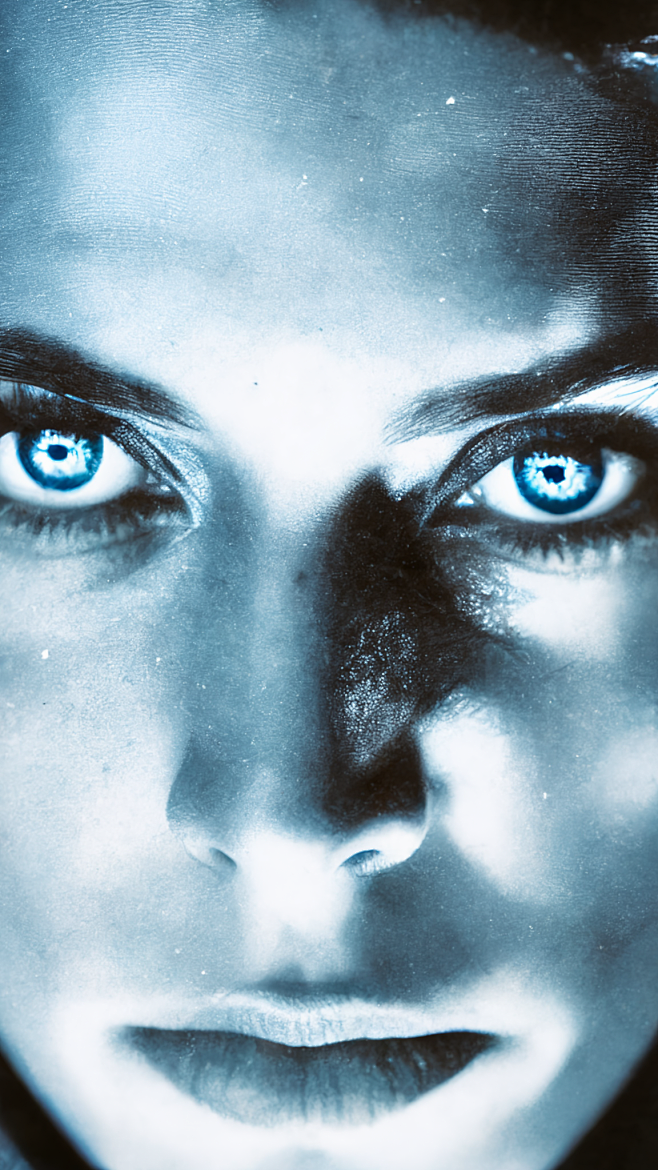 macro portrait of modest yet extremely beautiful woman with cyanotype ...