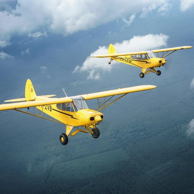 This may contain: two small yellow planes flying in the sky above ...