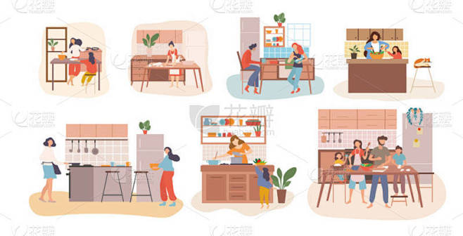 Set of seven kitchen scenes showing people cooking