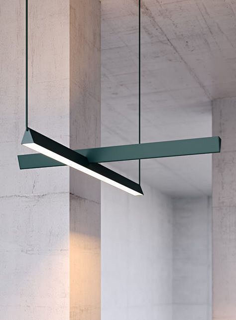 Two linear lights overlap to form this cross-shaped pendant light