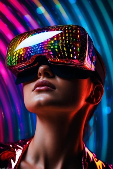 photo of woman wearing iridescent vr goggles, in the style of ...
