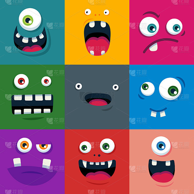 set of cartoon cute monster faces. flat vector ill