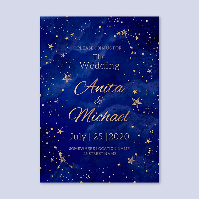 蓝色星空宇宙金色星星婚礼生日宴开业周年庆请柬邀请函AI海报背景-淘宝网-花瓣网