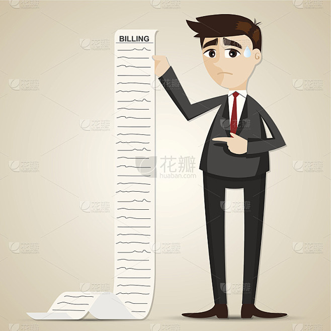 卡通商人与长账单纸