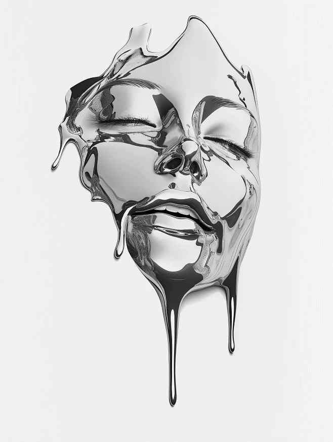 female subtle smiling face like a postmortem mask made of smooth liquid ...