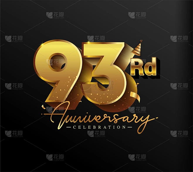 93周年纪念标志与金色五彩纸屑隔离在黑色背景，矢量设计的贺卡和邀请卡素材-花瓣网