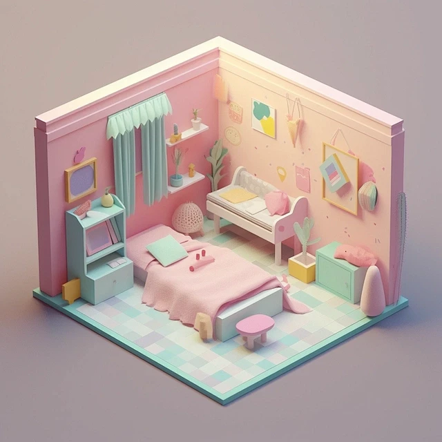 Doll House,low poly,room,3d,c4d,room art,pastel colors-花瓣网