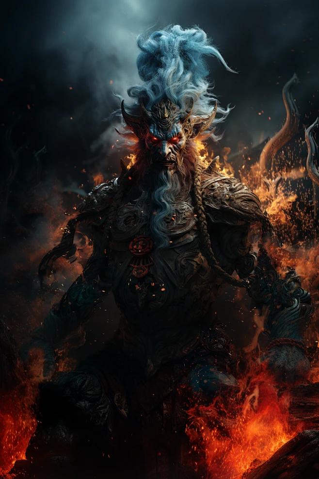 shuo9854_Chinese_god_of_the_underworld_blue_hair_hell_fire_unde ...