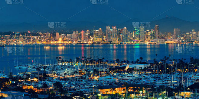 市区,圣地亚哥,美国,水平画幅,建筑,夜晚,无人,海港,全景,城市天际线