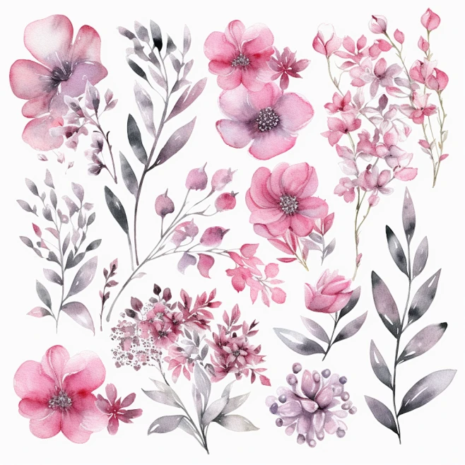 AI绘画_Prompts_Tolyamba_Watercolor_Pink_and_Silver_Floral_Clipart_white ...