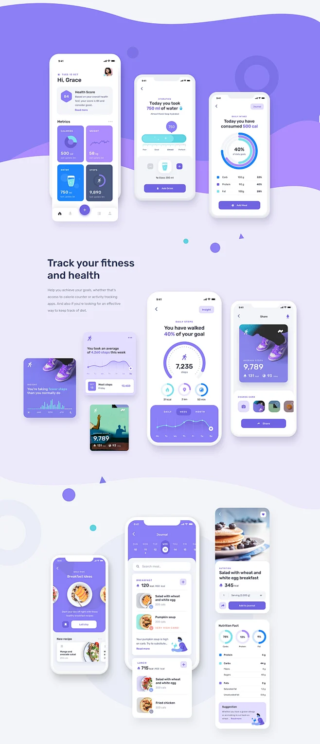 Mobile UI UX for fitness and health app with many features such as step ...