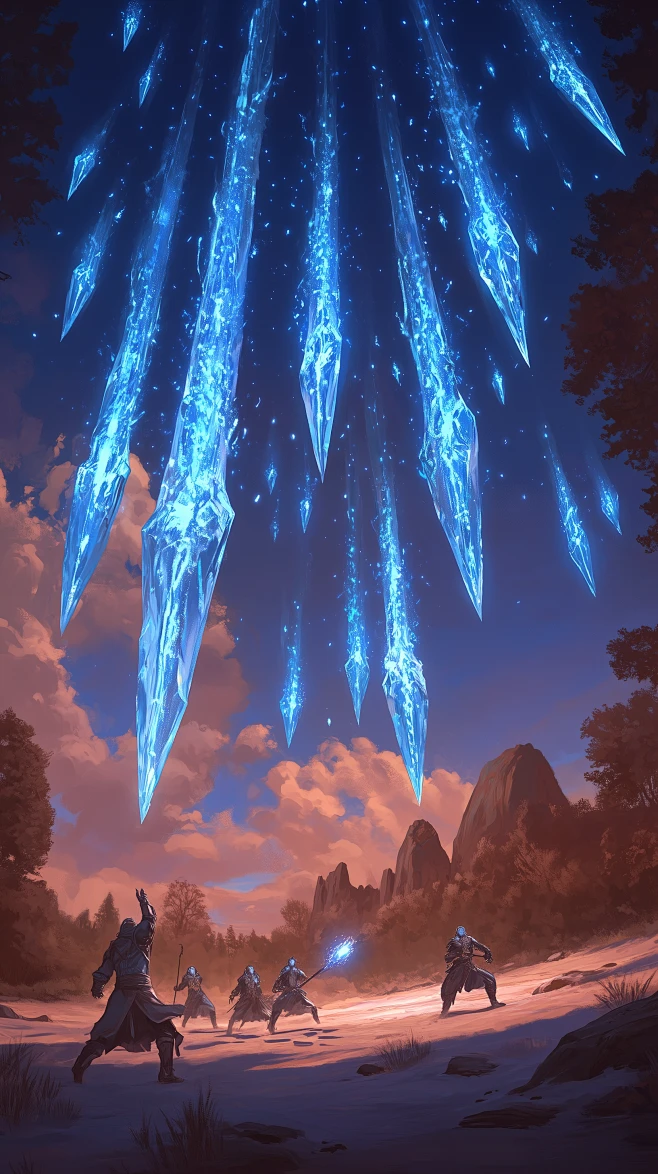 Icy shards cascade from the heavens, each spear of frozen magic ...