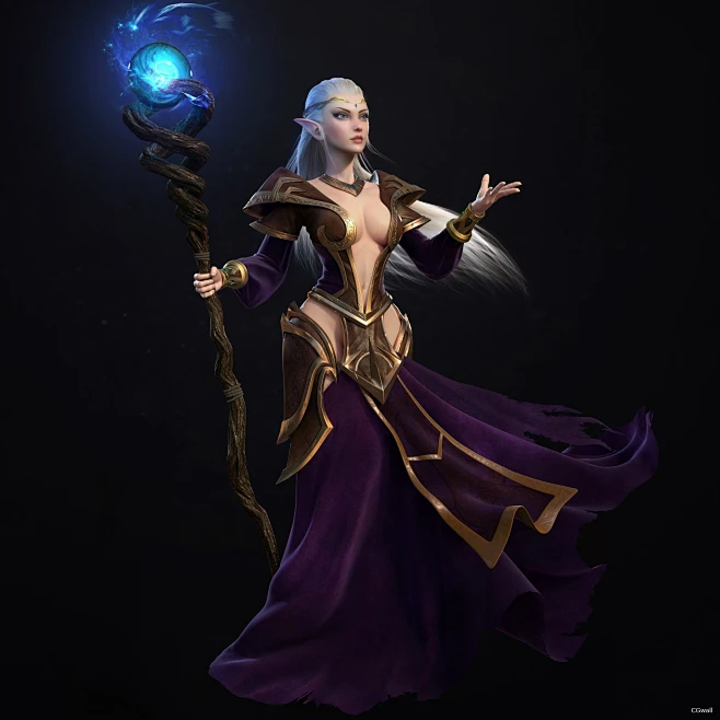 CGwall游戏原画网站_精灵法师3D角色，暗紫色服饰象征高贵身份。-花瓣网
