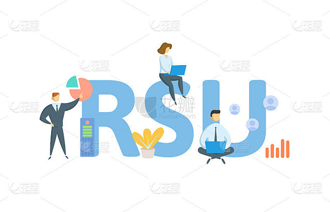 RSU，限制性股票单位。概念与关键字，人和图标。平面向量插图。孤立在白色的。