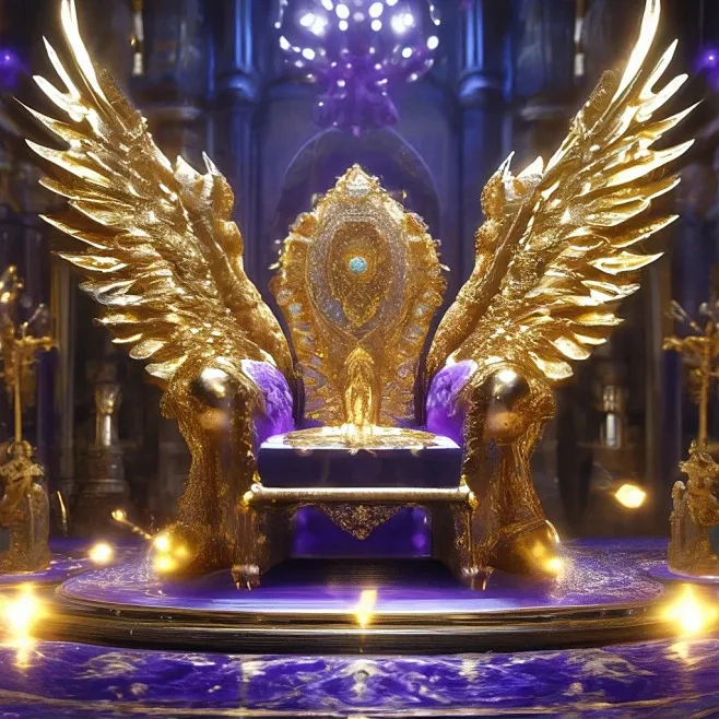 an elaborate golden throne with angel wings on it's back in front of a ...