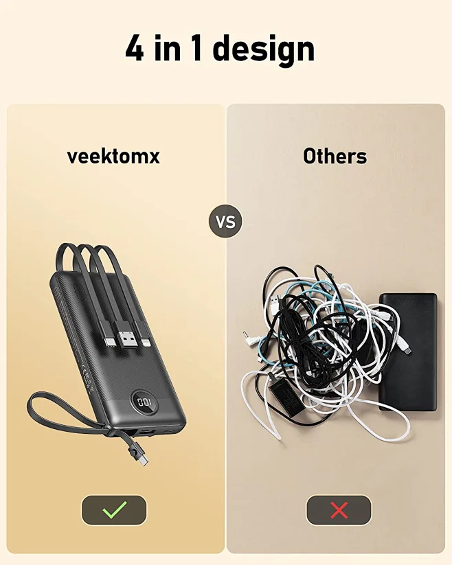 Power Bank with Built in Cables, 10000mAh Ultra Slim Portable Charger ...