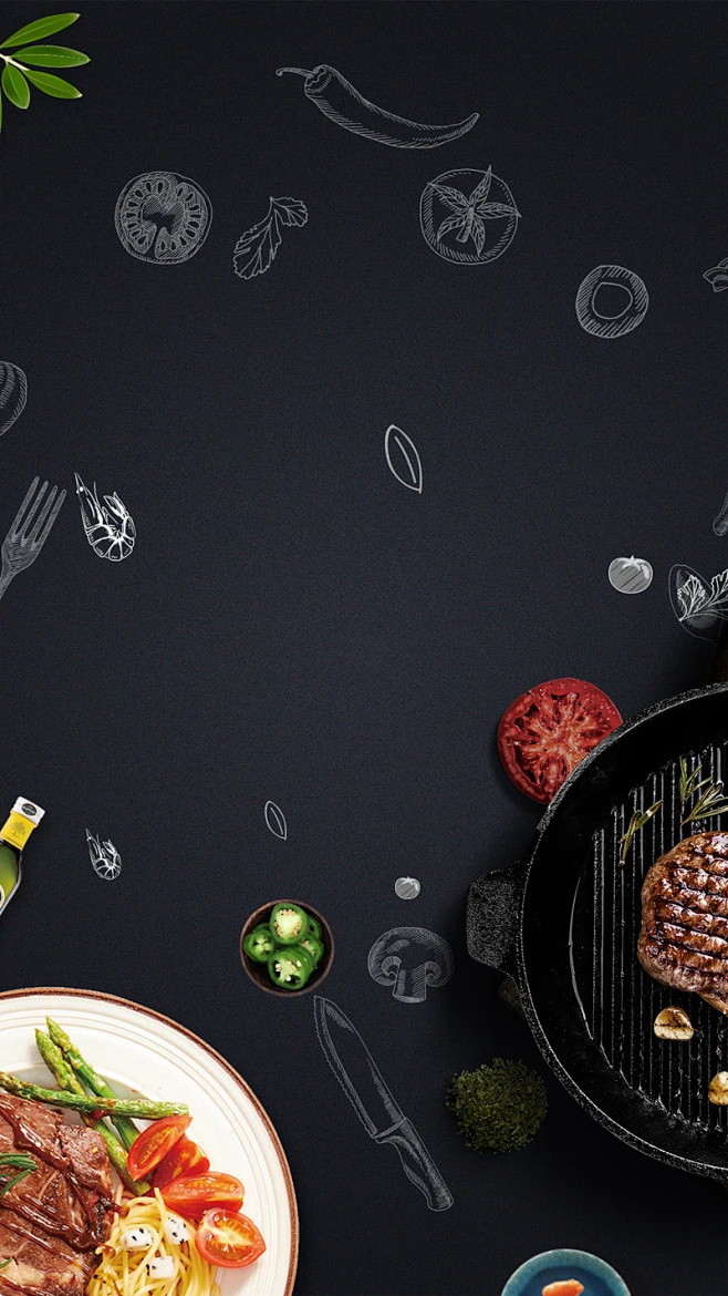 黑色文艺美食西餐PSD分层H5背景高清素材 H5 PSD分层 意大利面 文艺 牛排 粉笔画 美食 背景素材 西餐 辣椒 黑色 背景 设计图片 免费下载-花瓣网