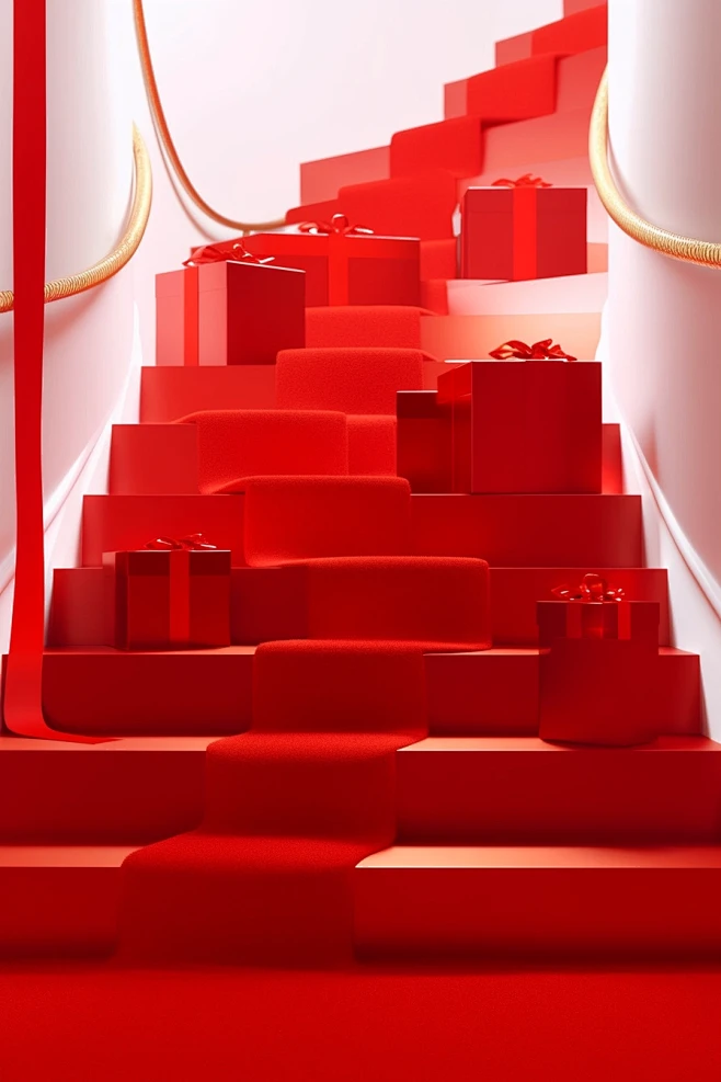 A red carpet with gift boxes and ribbons near a wooden staircase, in ...