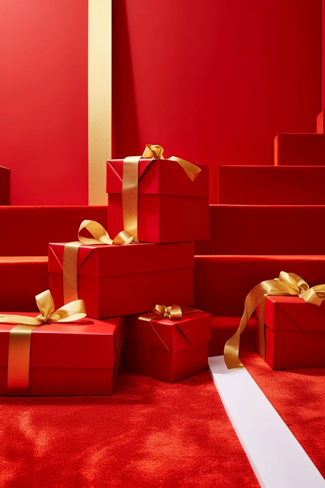 Gift boxes are sitting on red carpet with gold ribbon, in the style of ...