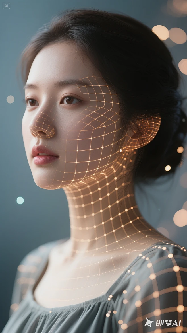 jimeng-2025-07-07-8184-美女画像，脸颊由细小密集且柔和流畅的方格状线条光和少量光点组成，线条光和光点分布-花瓣网