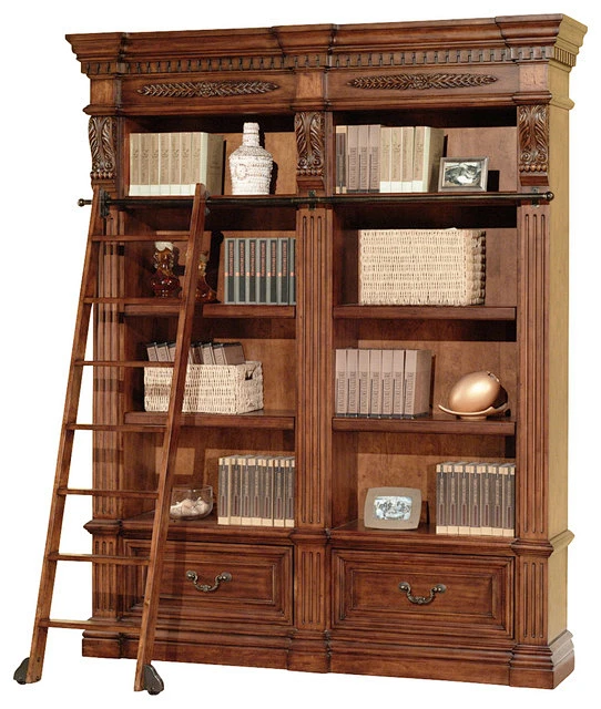 Grand Manor Granada 2-Piece Museum Bookcase With Ladder, Vintage Walnut ...