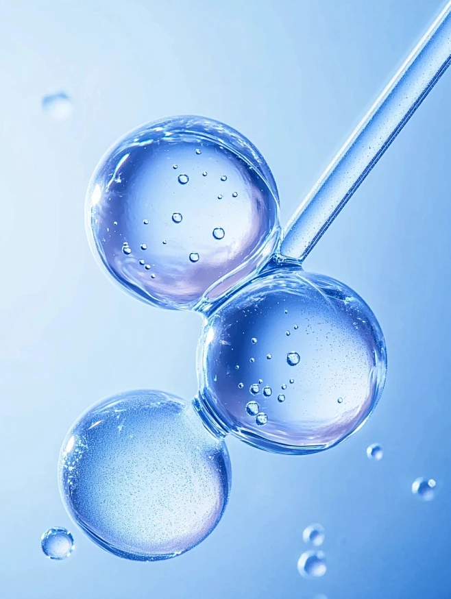 A blue and white background with three water molecules floating in the ...