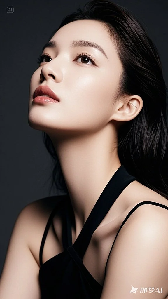 jimeng-2025-06-12-545-女性美丽的面部，侧面，抬头，侧脸，半身，艺术感，特写在面部优雅柔美，黑色背景，柔美白光照，摄影室灯光，简约，欧美模特。半身照。光影效果强，背景干净 ...