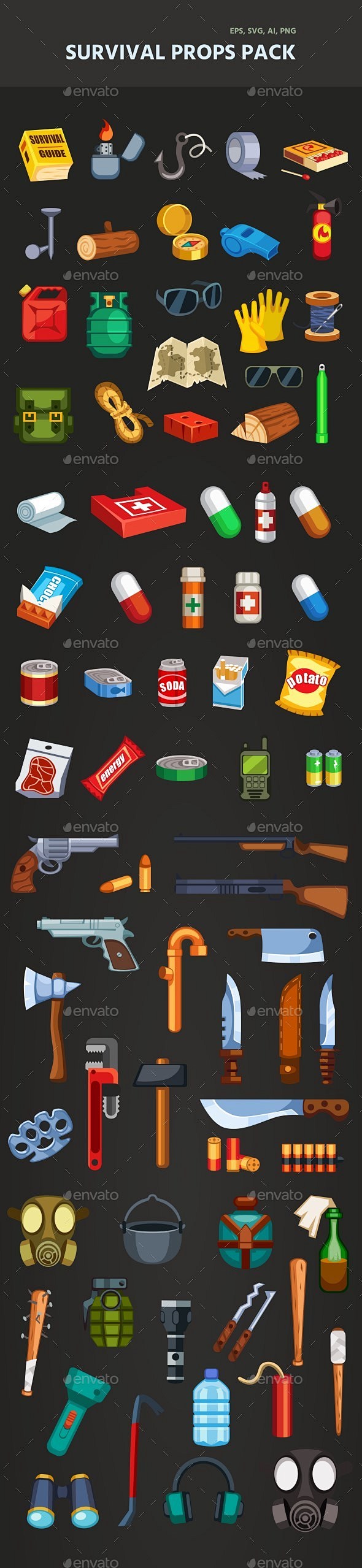 生存物品包-杂项游戏资产Survival Items Pack - Miscellaneous Game Assets斧,绷带,蝙蝠用钉子,望远镜,砖,罐,罐头食品,大锅,巧克力,指南针,撬棍 ...