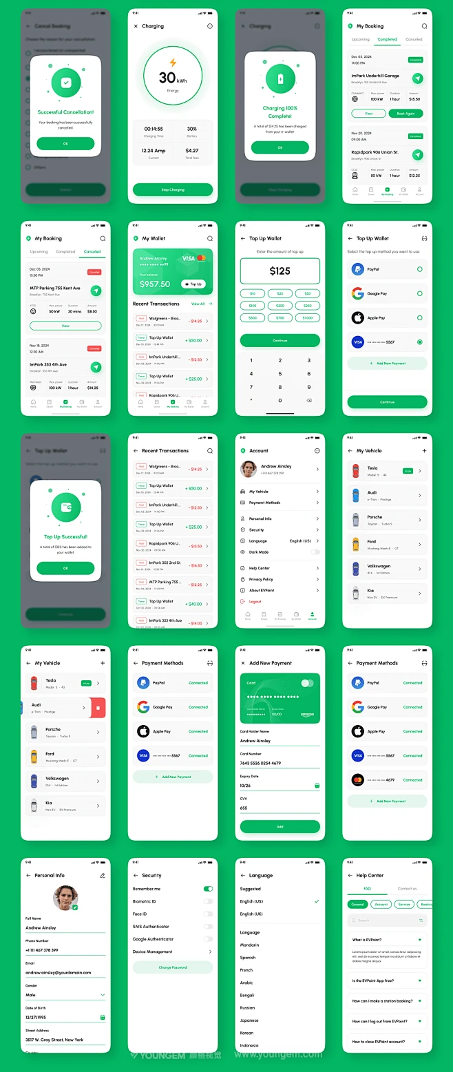 170屏EV电车充电泊车停车场查找定位app设计用户界面ui套件深浅双模板下载_颜格视觉-花瓣网