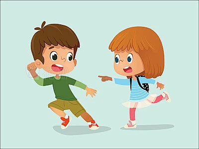 Cute boy and girl playing catch-up game. Kindergarten kids run one ...