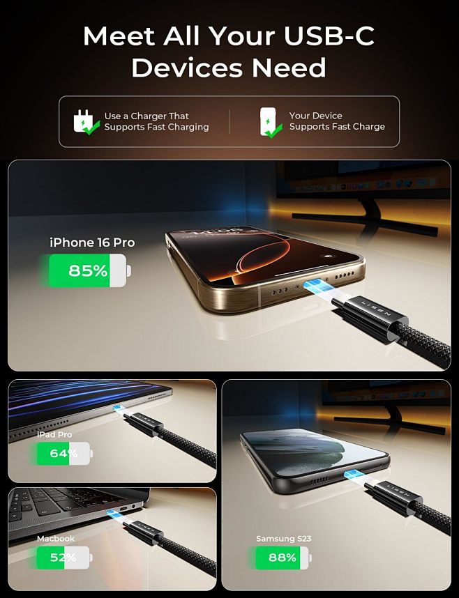 Amazon.com: LISEN USB C 数据线,5 件装 [3.3/3.3/6.6/6.6/10 英尺] USBC 转 USBC 数据线适用于 iPhone 16 15 Pro Max ...