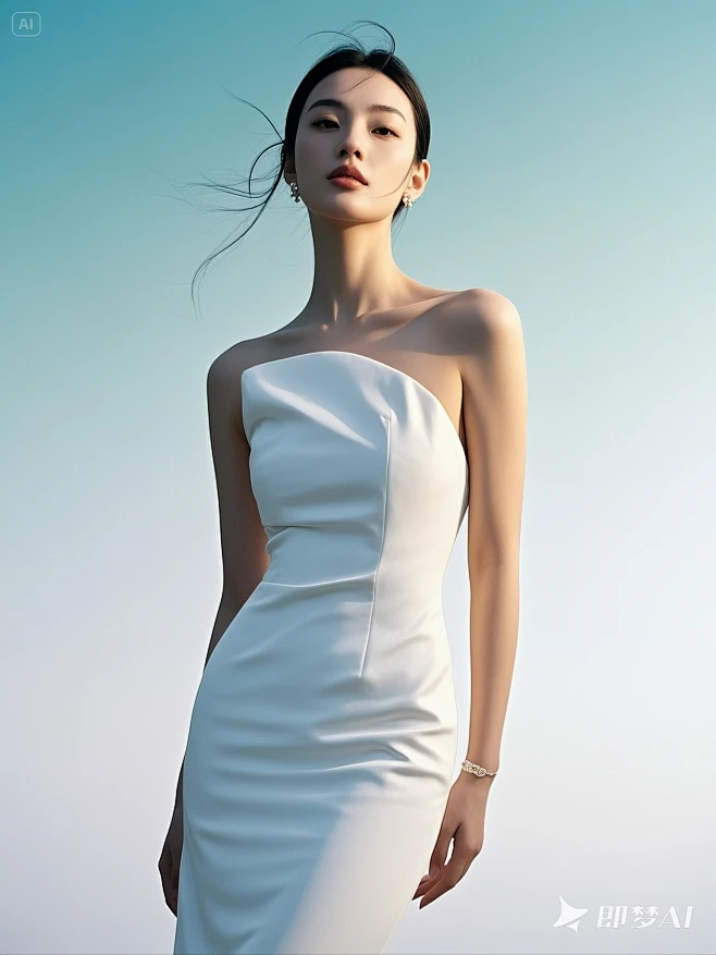 jimeng-2025-05-25-570-摄影艺术，大师级构图，极致的细节，人物肖像，东方女生，女神，绝美五官，紧身礼裙，气势磅礴，渐变背景 ...