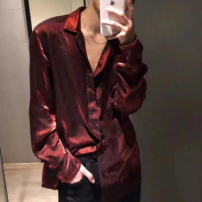 街头奢潮绸缎富公子HA衬衣 haider ackermann红丝绸衬衫男女高街-淘宝网