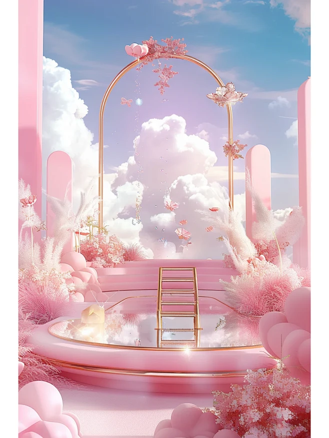 3D pink dreamy scene with flowers, clouds, lake surface, ladder, Rococo ...
