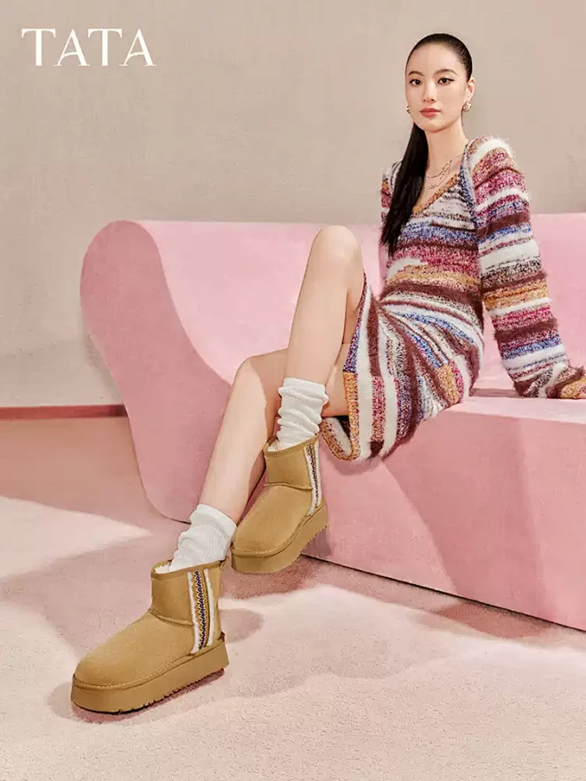TATA他她绵绵靴冬季保暖雪地靴女靴厚底加绒短靴2024新款CDD01DD4-tmall.com天猫-花瓣网
