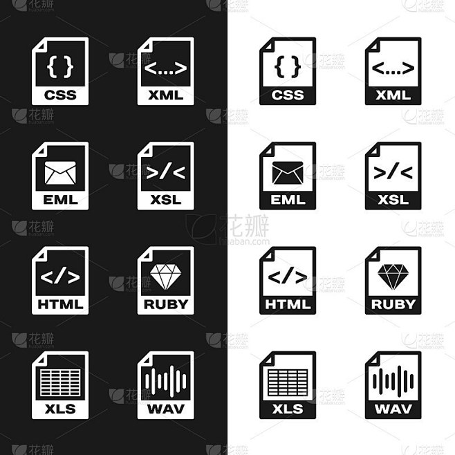 设置XSL文件文档、EML、CSS、XML、HTML和RUBY图标。向量