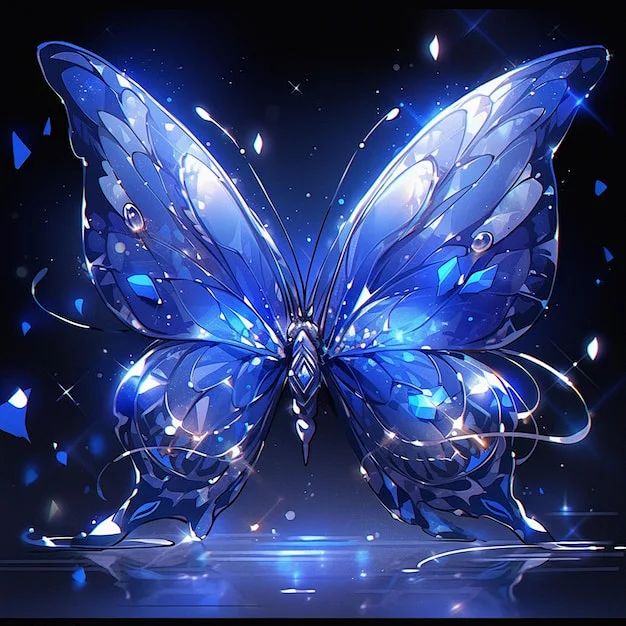 黑色背景上有一只翅膀闪亮的蓝色蝴蝶，生成 ai-花瓣网