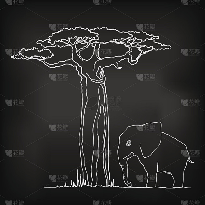 粉笔向量树和大象。