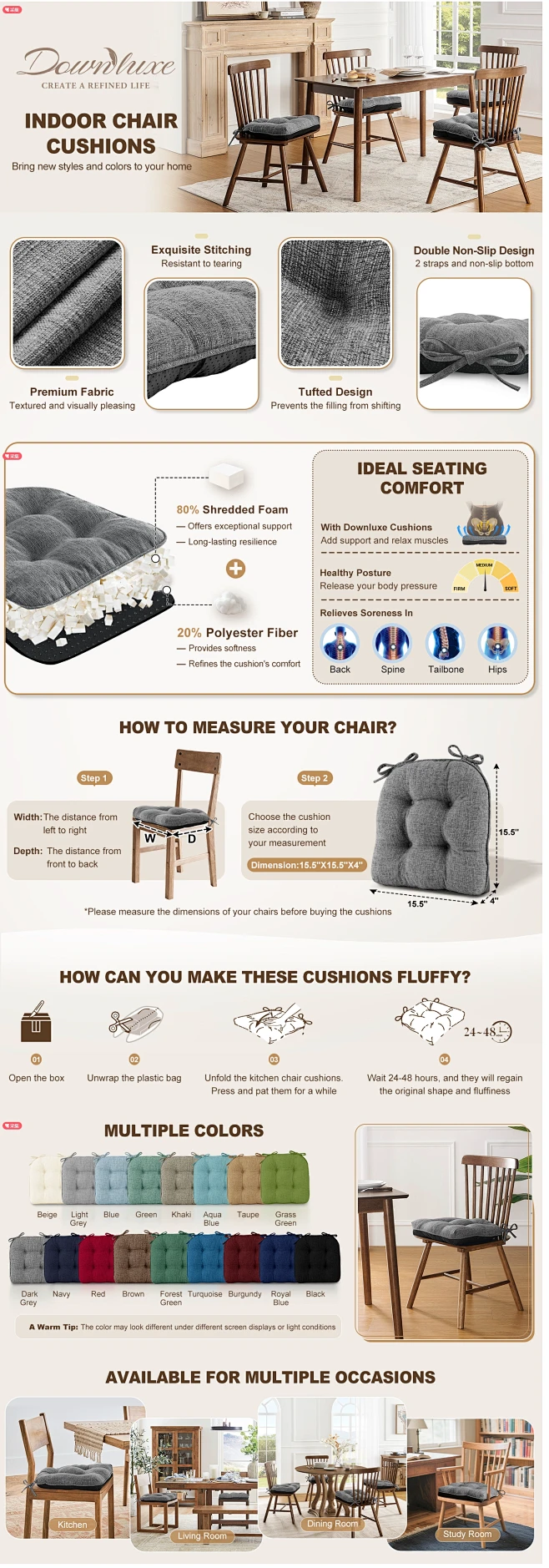 Amazon.com: downluxe Indoor Chair Cushions for Dining Chairs, Tufted ...