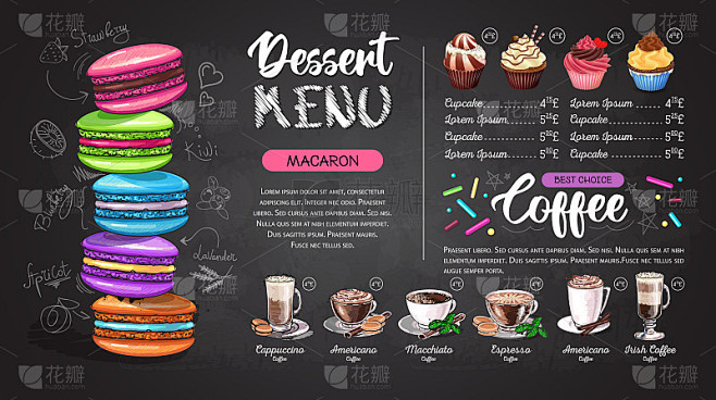Chalk drawing dessert menu design with sweet frenc