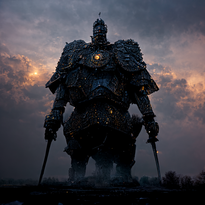 mj004_Armored_giant_with_spear_and_shield_standing_on_the_roof ...