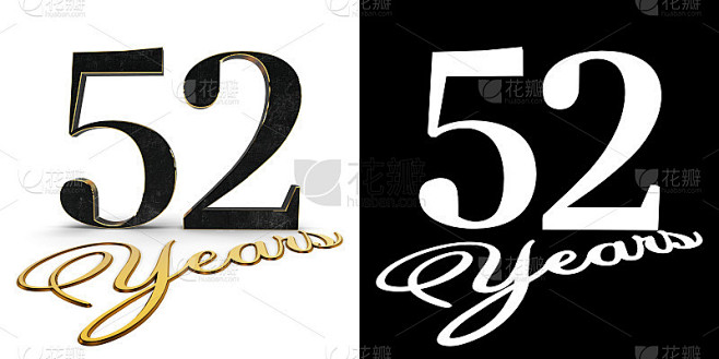 黄金数字52(数字52)和题字年与投影和阿尔法通道。三维演示